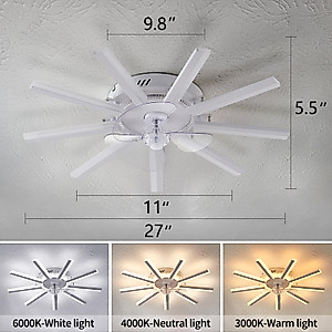 HuixuTe 27" Geometric Ceiling Fan with Lights, 3 Colors 6 Speeds Personalized Ceiling Fan with Light Remote Control, White Low Profile Ceiling Fan with Light for Kitchen Bedroom
