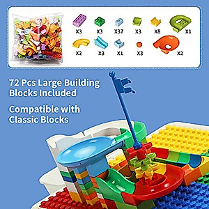Sandinrayli 7-in-1 Kid Activity Table Set w/2 Chairs & 72Pcs Large Size Blocks, Compatible with Classic Blocks, Water/Sand Table, Building Block Table for Toddler (Primary)