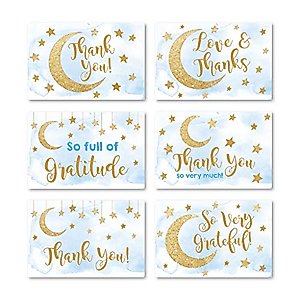 24 Blue Stars Baby Shower Thank You Cards With Envelopes, Kids Thank-You Note, 4x6 Gratitude Card Gift For Guest Pack For Party, Birthday, For Boy Children, Cute Angel Twinkle Moon Event Stationery