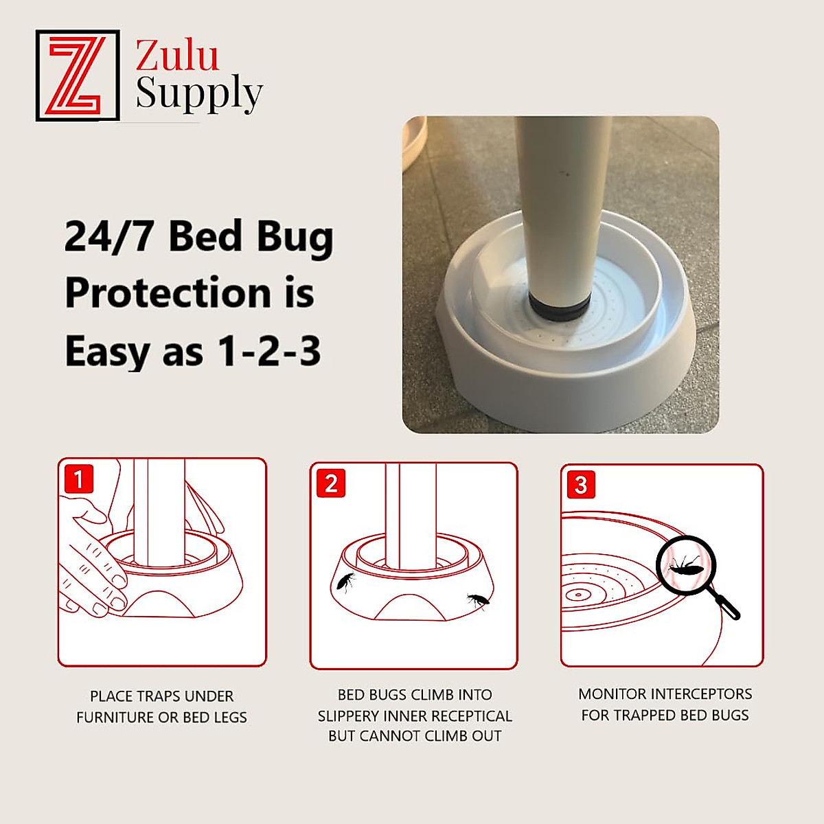 Zulu Supply Bed Bug Interceptors, Traps, 8 Pack, Bedbug Monitor, Insect Detector for Bed Legs or Furniture (White 8-Pack)
