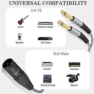 JOLGOO XLR Male to Dual 1/4" TS Mono Y Splitter Microphone Cable, XLR Male to Dual 6.35mm TS Y Adapter Cord, 3.3 Feet