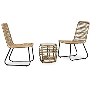 Makastle Outdoor Patio Bistro Set, 3 Piece Rattan Wicker Conversation Chair Sets Balcony Furniture for Yard Lawn Garden Porch Poolside, Poly Rattan Oak