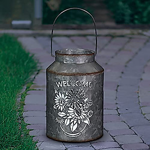 Exhart Solar “Welcome” Cute Pail Lantern, Outdoor LED Garden Light, Durable Stamped Metal, 5.5” X 8”
