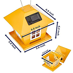JUYUAN Solar Bird Feeder Yellow House Hanging Outdoor for Cardinal, Metal Rain Proof for Wild Bird, Small Cute Home Design and Lights up Automatically at Night, Decorative Gifts (Yellow)