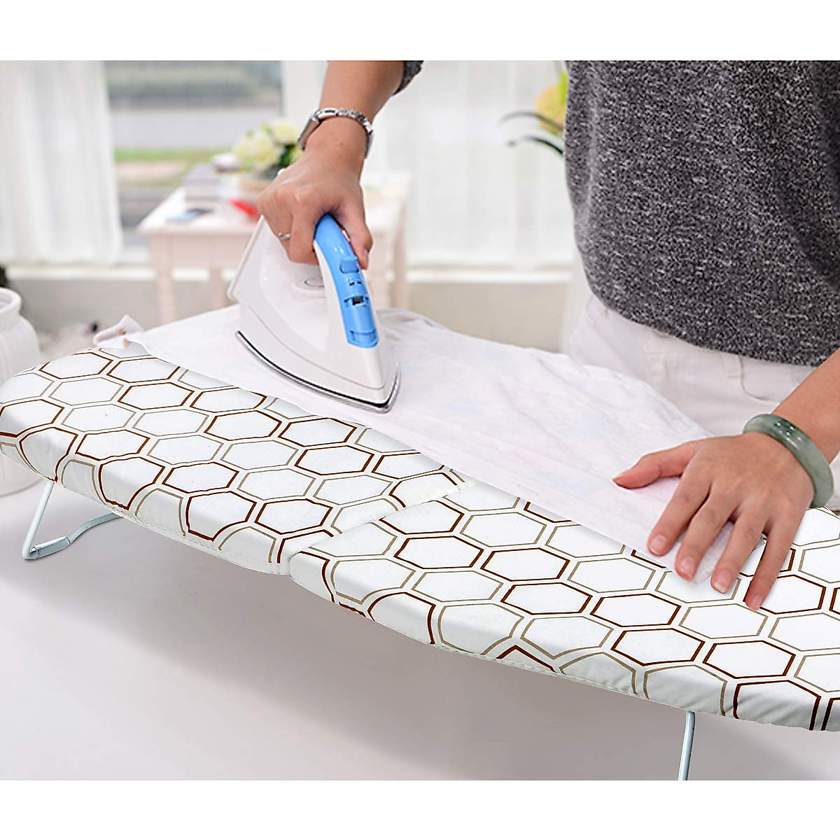 SheeChung Small Tabletop Ironing Board 30" L x 12" W Heavy Duty Ironing Board with Mesh Metal Base 100% Cotton Cover,Hook for Hanging,Portable Folding Mini Iron Board for Sewing Craft Room House Dorm