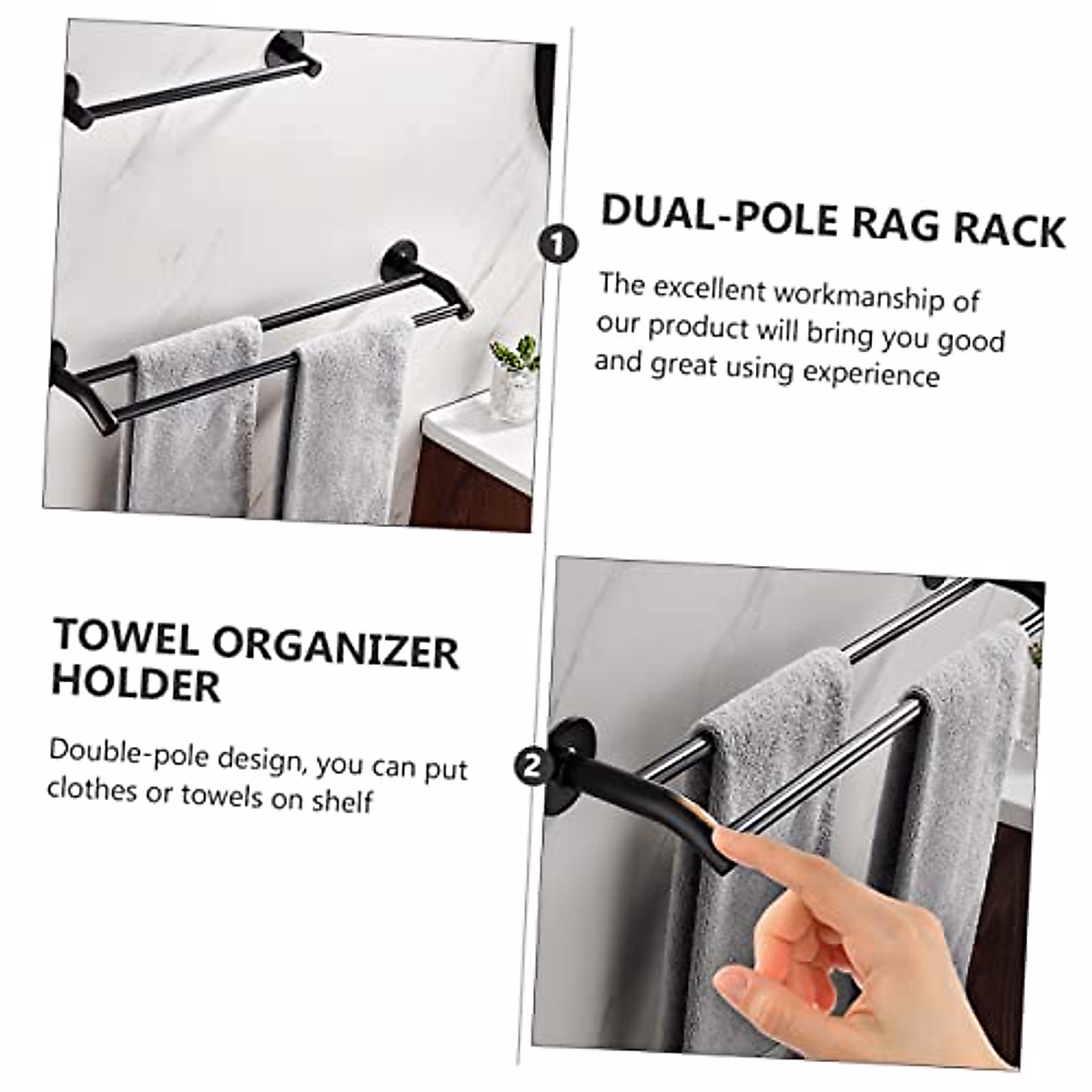 PHENOFICE 1pc Double Bar Towel Rack Towel Rack Bath Towel Hanger Household Towel Rack Punch Storage Holder Towel Drying Rack Towel Stand Towel Rail Black Aluminum Alloy