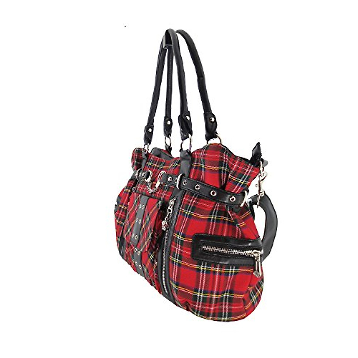 Lost Queen Red Royal Stewart tartan Plaid Punk Rock Purse with Handcuff Skull Charm, Large