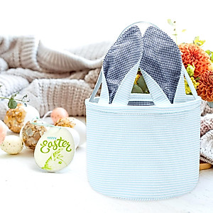 GFU Easter Bunny Basket with 2pcs Stickers,Seersucker Eggs Hunt Bag with Handle for Kids, Pink Children Easter Tote Bags,Rabbit Ears Stripe Bag for Boys and Girls to Carry Candy Gift, Easter Egg