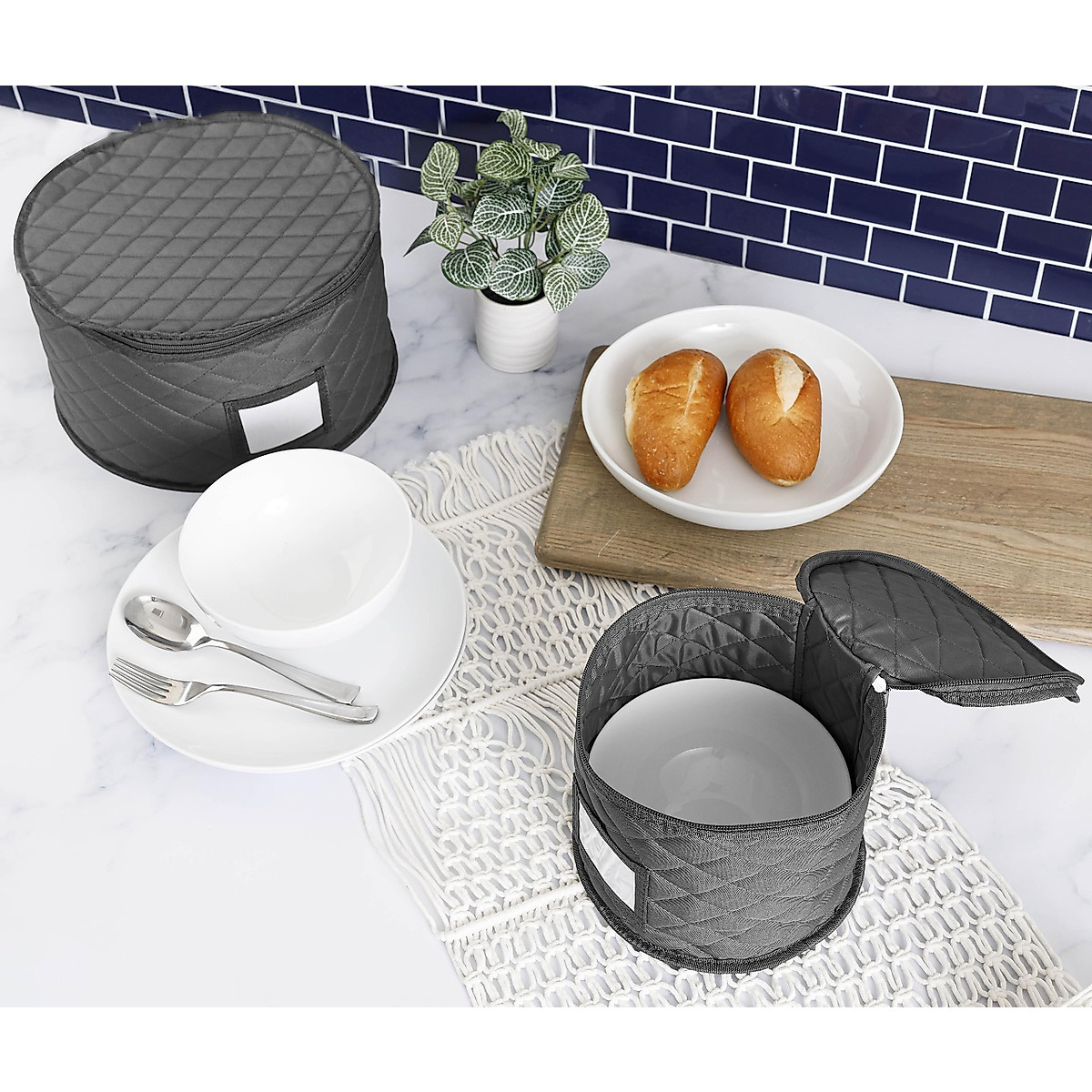 7" Small Plate Storage Case - China Storage Container - Stackable With Padded Interior to Store your Dinnerware Dishes - 12 Felt Dividers Included - Gray - Great for Saucers, Bowls, Appetizer Plates