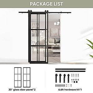 JUBEST Bypass Double Glass Barn Door 60 x 84 in with 6.6FT Side-Mounted Hardware Kit, 2 Sets of 30x84 in Clear Tempered Glass Aluminum Frame Barn Door for(Fit Max Opening 55 3/8"), Easy Assembly