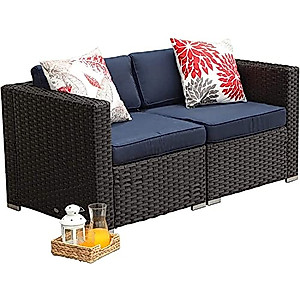 MFSTUDIO 2 Pieces Patio Furniture Set,Outdoor Rattan Sectional Sofa Set,Small Patio Conversation Set with Navy Blue Cushions