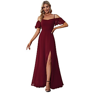 Ever-Pretty Women's Formal Dresses Off Shoulder Short Sleeve Split A-Line Floor Length Bridesmaid Dresses Burgundy US20