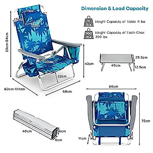 Goplus Backpack Beach Chairs, 3 Pcs Portable Camping Chairs with Cool Bag and Cup Holder, 5-Position Outdoor Reclining Chairs for Sunbathing, Fishing, Travelling (Light Blue, with Side Table)