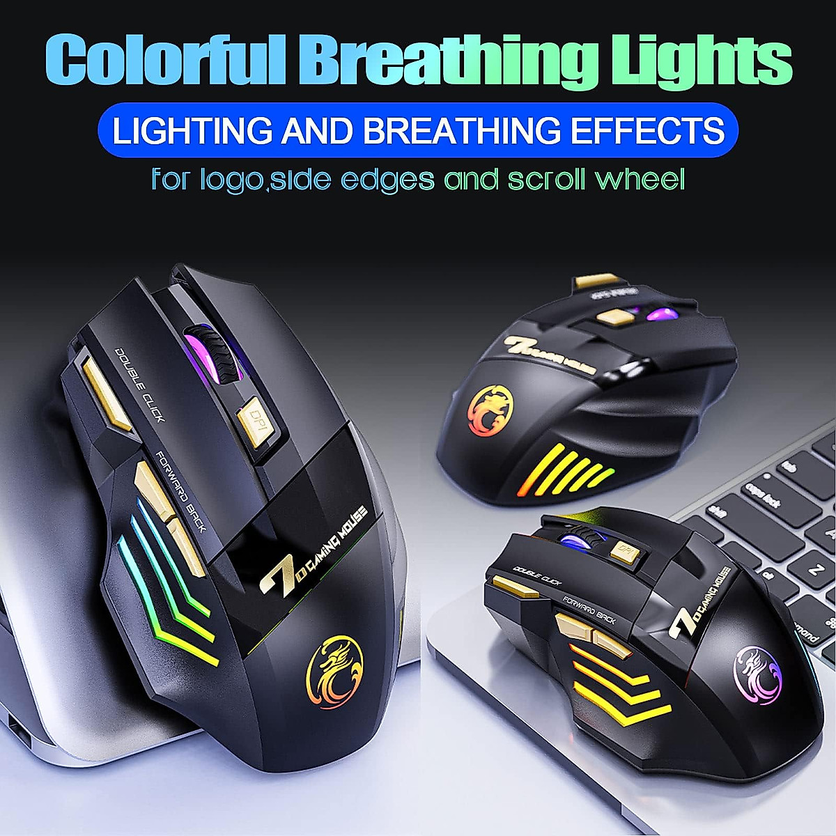 VEGCOO Wireless Gaming Mouse, Rechargeable Silent Wireless Mouse with 4800 DPI Adjustable,Double Click Key, Colorful RGB Lights, Computer Mice with Thumb Rest for PC/Mac Gamer (C26 Black)