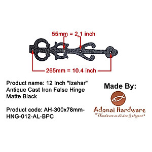 Adonai Hardware 12 Inch Izehar Heavy Duty Antique Aluminium Strap False/Faux/Dummy Hinge Fronts (4 Pack, Black Powder Coated) for Vintage Barn Doors, Gates, Furniture, Garage, Shutters and Fences