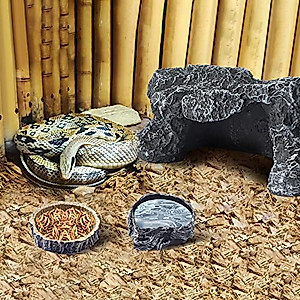 3 Pcs Large Reptile Water Dish Feeding Reptile Food Dish with Reptile Hides and Caves Tortoise Hideout Lizard Rock Hideout Tortoise Habitat Accessories for Geckos Spiders Snakes Hermits Turtles Crabs