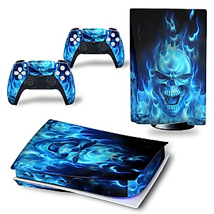 FOTTCZ Vinyl Skin for PS5 Disk Edition Console & Controllers Only, Sticker Decorate and Protect Equipment Surface, Blue Flame Ghost