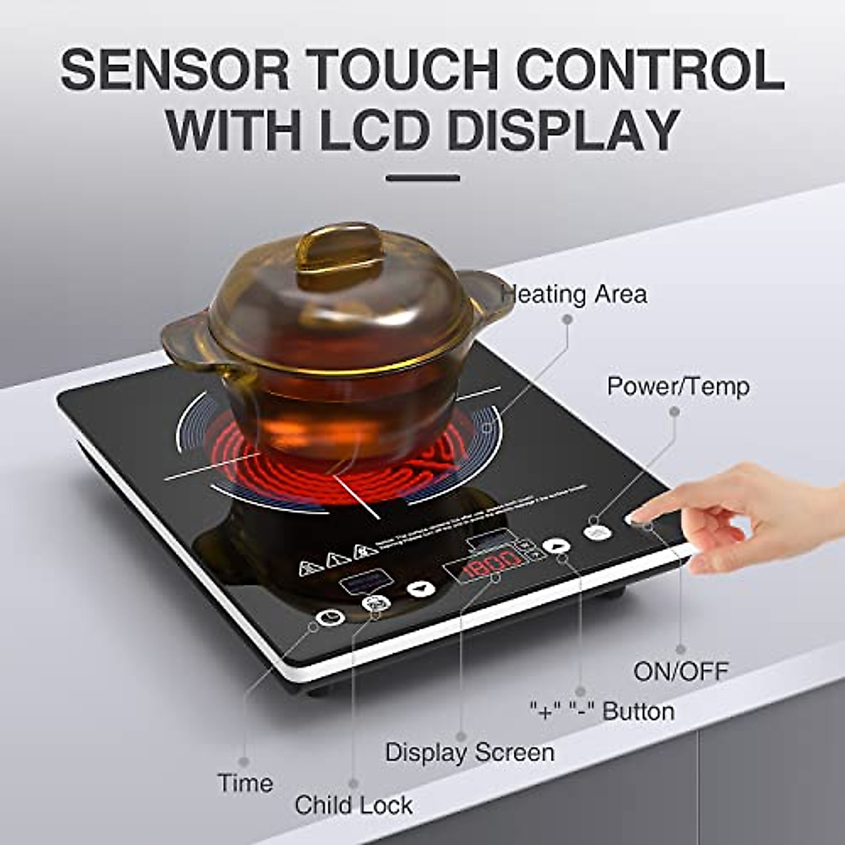 ANHANE 1800W Electric Hot Plate Single Burner,Portable Electric Stove for Cooking,Infrared Burner,4-Hour Setting,Black Crystal Glass Surface Compatible for All Cookware