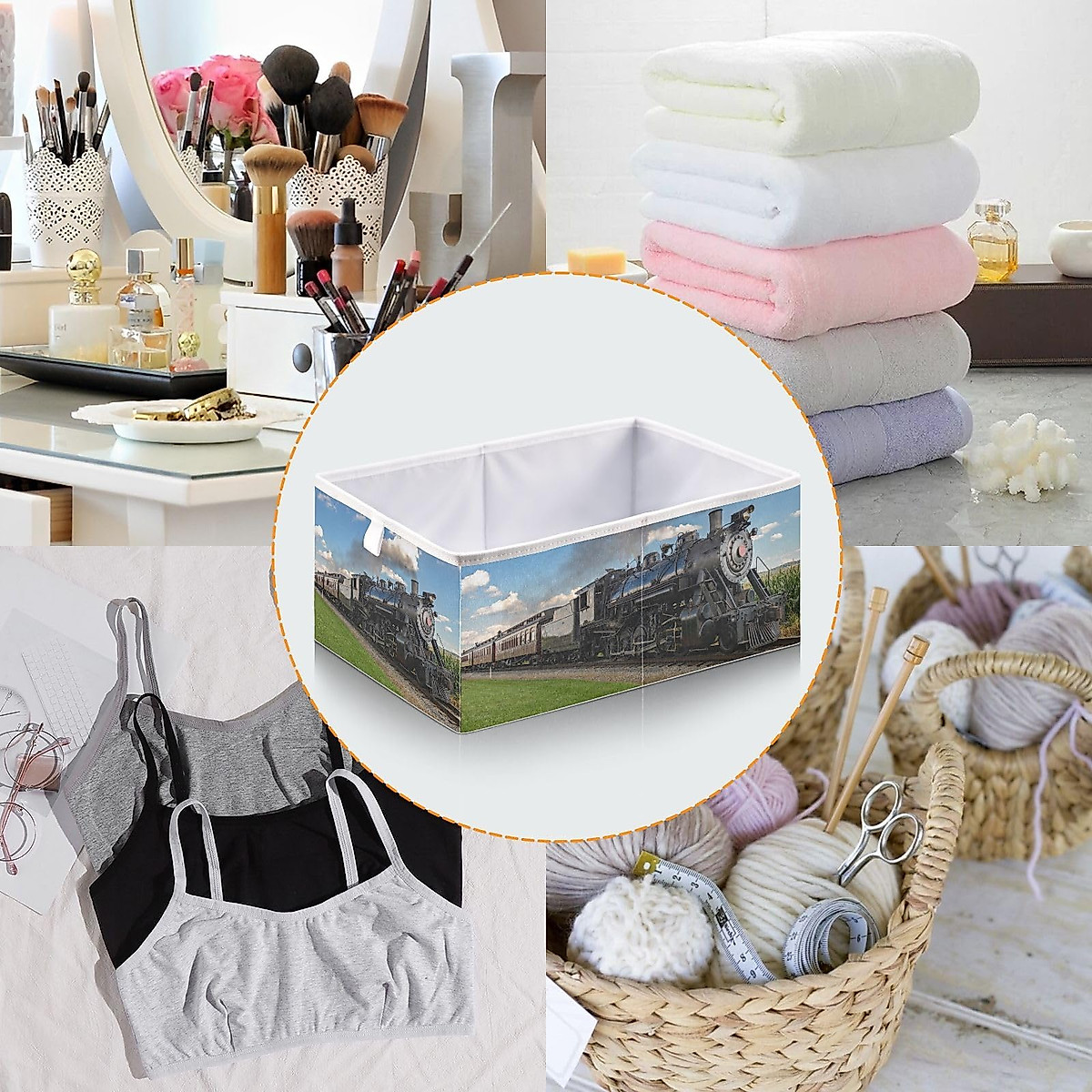 Steam Train Cube Storage Bin,Large Collapsible Organizer Storage Basket for Home Décor 11 x 11 x 11 in
