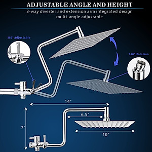 Nuodan Dual Shower Head, 10'' High Pressure Rain Shower Head / 5 Spray Handheld Showerhead Combo with 14'' Adjustable Shower Extension Arm, Hose and Adhesive Shower Holder (Chrome)