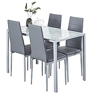 ROZHOME Gray Dining Table Set for 4, 5 Piece Kitchen Table and Chairs for Up to 110 Combinations, Compact Space-Saving w/Tempered Glass Tabletop and 4 Upholstered Chairs