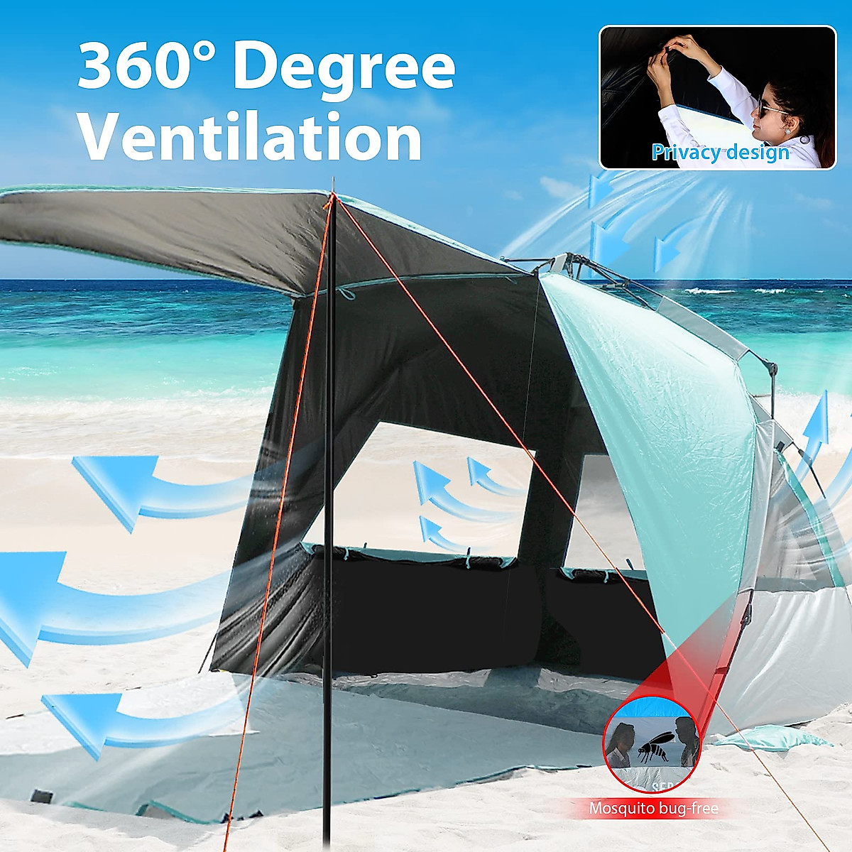 SEBOR Beach Tent, Deluxe XL Pop-up Canopy Cabana Beach Shade Tent for 4-6 Person, UPF 50+ with Dark Shelter Technology, Easy Set Up and Portable Beach Tent Sun Shelter (Mint Green)