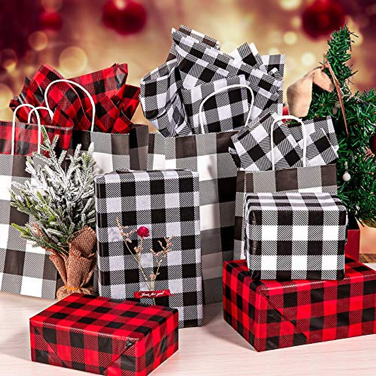 Whaline White Black Buffalo Plaid Tissue Paper 60pcs Tissue Paper Sheet Gift Wrapping Paper Rustic Art Paper Crafts for DIY Gift Wrapping Christmas Holiday, 13.78" x 19.69"