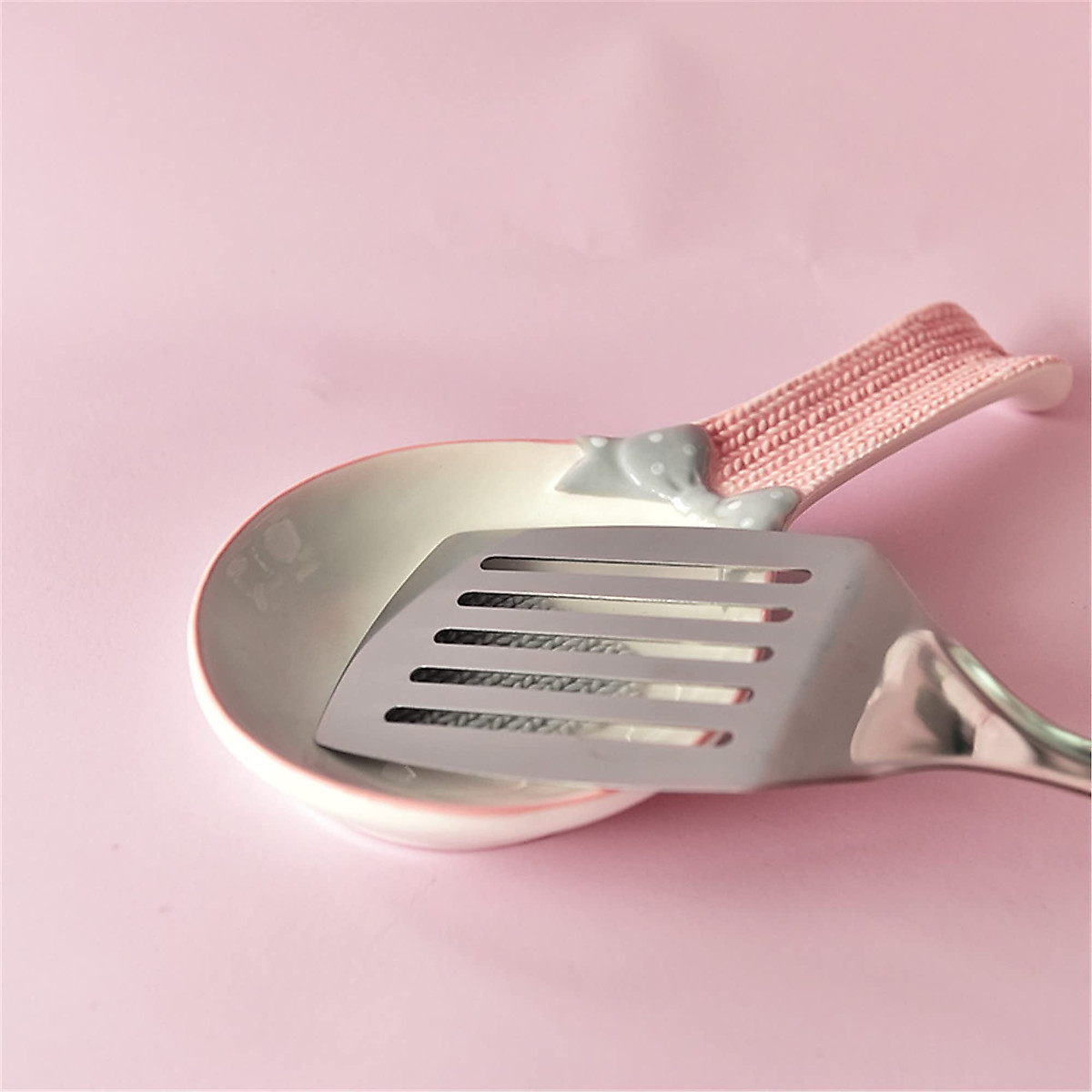 Ceramic Spoon Rest for Stove Top,Cooking Large Spoon Holder for Kitchen Counter/Stove Top/Dining Table, Modern Farmhouse Decor,Pink White