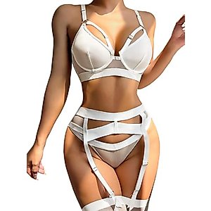Kaei&Shi Garter Belt Thong Lingerie for Women,Strappy Hollow Out Sexy Lingerie,Underwire Mesh Sheer Matching 4 Piece Lingerie Set Bride Wedding Bridal Honeymoon White 2X-Large