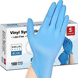 Schneider Vinyl Synthetic Exam Gloves, Blue, 4mil,Disposable Latex/ Powder-Free, Medical / Cleaning Gloves, Food-Safe for Cooking & Food Prep, Non-Sterile, 100-ct Box (Medium)