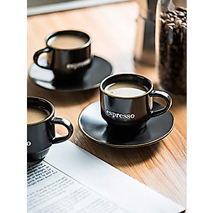Espresso Cups with Saucers Set, 4 Ounces Demitasse Cups and Metal Stand Porcelain Coffee Cups, Stackable Mugs for Espresso Latte Cafe Mocha and Tea, Set of 6