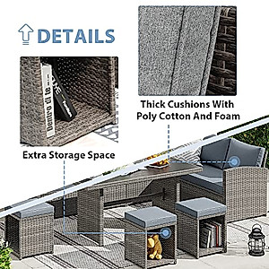 JOIVI Patio Furniture Set, 7 Piece Patio Dining Sofa Set, Outdoor Sectional Sofa Conversation Set All Weather Wicker Rattan Couch Dining Table & Chair with Ottoman, Gray