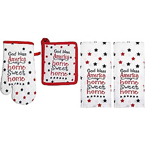 God Bless America Patriotic BBQ Americana Oven Mitt, Pot Holder, Kitchen Towels & Wooden Cooking Spoon 5 Piece Kitchen Set