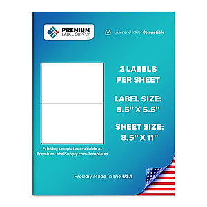 Premium Label Supply White Sticker Half Sheet Labels – 8.5" x 5.5" – Laser/Inkjet Compatible – (2 Labels/Sheet), 25 Sheets - 50 Total Adhesive Labels