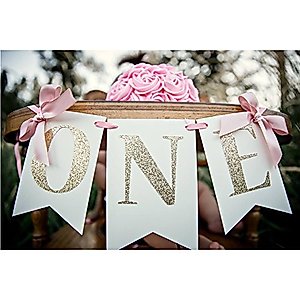 1st Birthday Baby Party Decoration High Chair Glitter Gold ONE Banner (4.8inch Ribbon Bow)