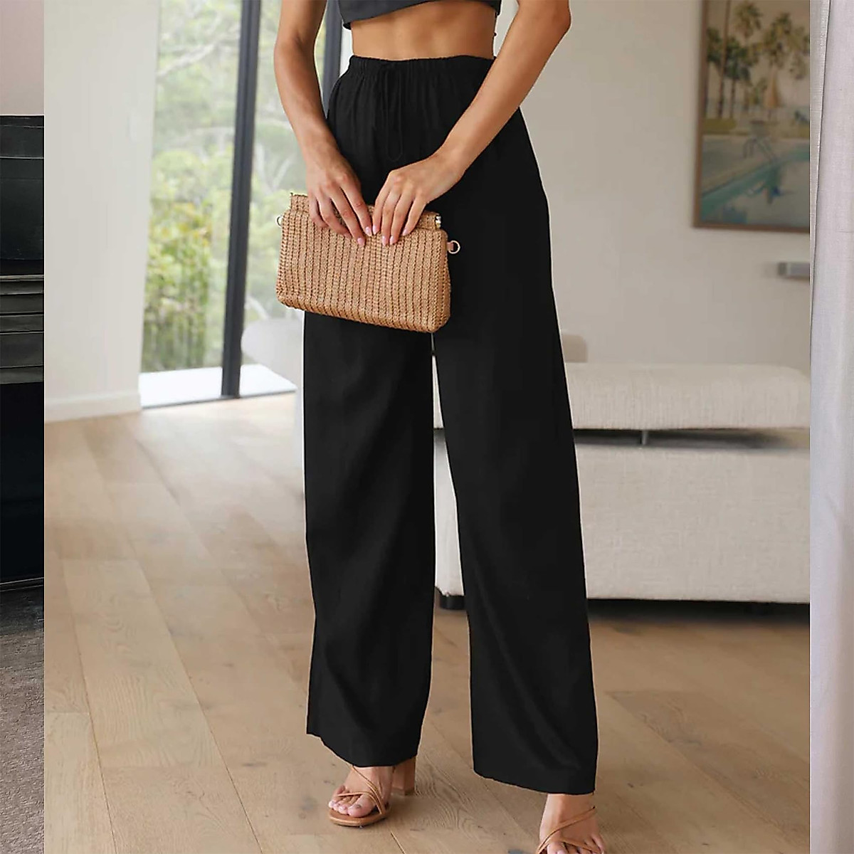 Duyang Womens Cotton Linen Palazzo Pants Drawstring Elastic Waist Casual Wide Leg Trousers with Pockets(Black,XL)