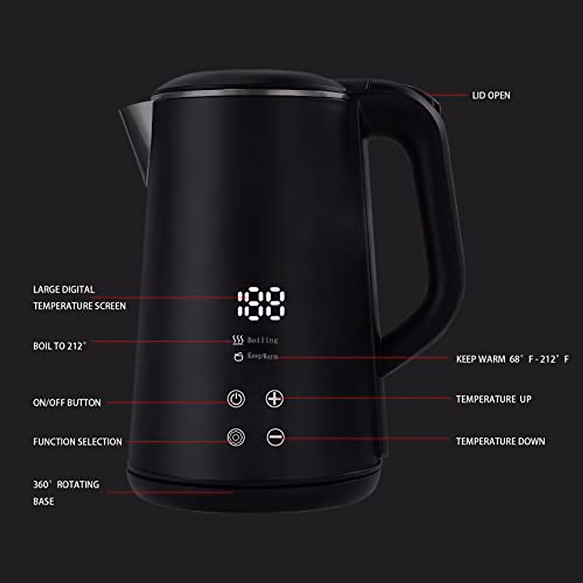 Murasakino Electric Kettle,Electric Kettle Temperature Control,Touch Screen Control, 12 Hour Keep Warm Function,Electric Kettle with Temperature Control,BPA Free Tea Kettle,Black