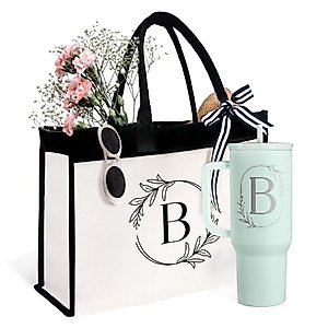 SANDJEST Stainless Steel Tumbler 40oz with Handle Initial B and Canvas Tote Bag