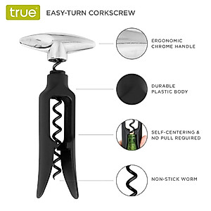 True Twister Self Pulling Compact Corkscrew Wine Bottle Opener - Ergonomic Easy-turn Key Bar Accessory, 6 Inches, Black
