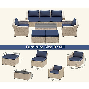 LHBcraft Patio Conversation Set Rattan Outdoor 8 Piece Sectional Furniture Sofa Set Wicker Couch with Coffee Table and Cushions for Poolside, Backyard