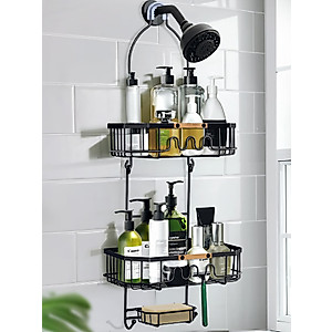 Gronda Shower Caddy Hanging Over Shower Head, Rustproof Anti-Slip Anti-Swing Black Shower Head Caddy Hanging for Inside Shower with Hooks and Adhesives