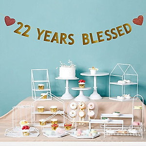 Betteryanzi Gold 22 Years Blessed Banner,Pre-Strung,22nd Birthday / Wedding Anniversary Party Decorations Supplies,Gold Glitter Paper Garlands Backdrops,Letters Gold 22 YEARS BLESSED