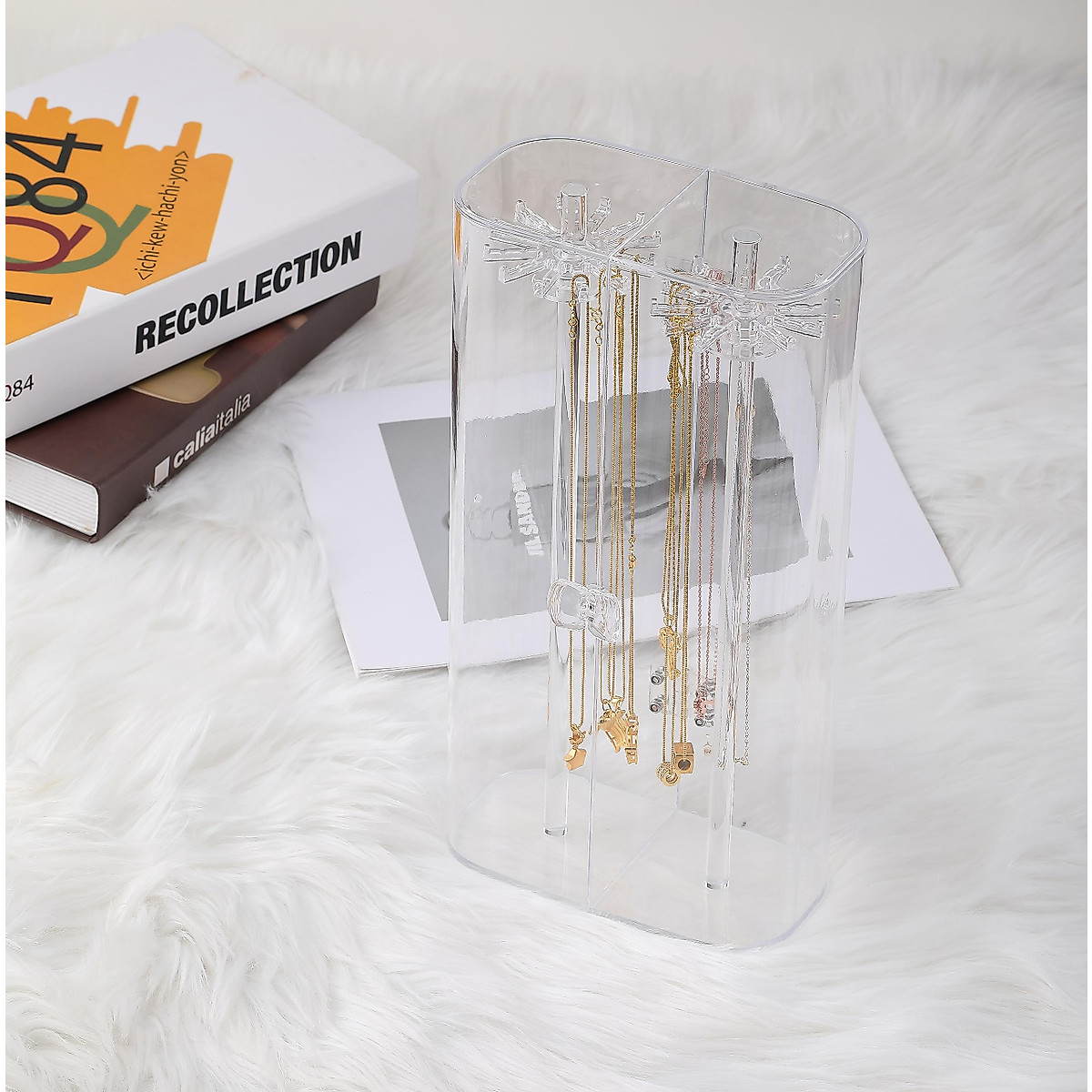 Spinning Tubular Acrylic Jewelry Storage Holder, Rotating Organizer - 24 Hooks for Dressing Table, Cosmetic Stations, Dresser, Bathroom Vanity Countertop - Holds Necklaces, Bracelets Clear