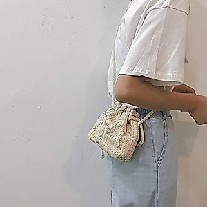 justHIGH's Backpacks Women Straw Crossbody Shoulder Bag Drawstring Bucket Summer Beach Bag Crochet Knit Purse (White -1)