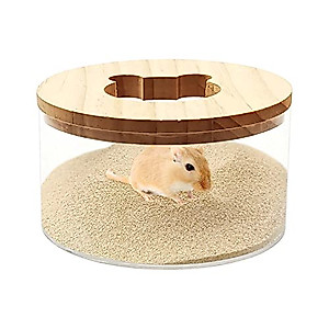 Tfwadmx Hamster Sand Bath Box, Container Transparent Beds, Hamster Bathroom & Digging Room ransparent Acrylic Small Animals Shower Bathtub with Wooden Cover for Mice Gerbil Squirrel (Large)