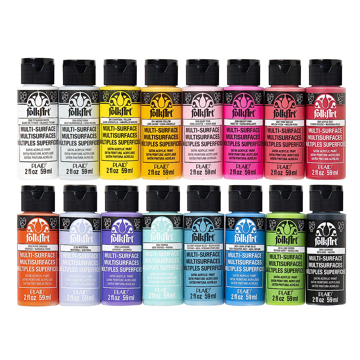 FolkArt 16 Piece Multi Surface Acrylic Craft Paint Set Formulated to be Non-Toxic that is Perfect for Beginners and Artists, Bright Colors Count, 2 Fl Oz (Pack of 16)