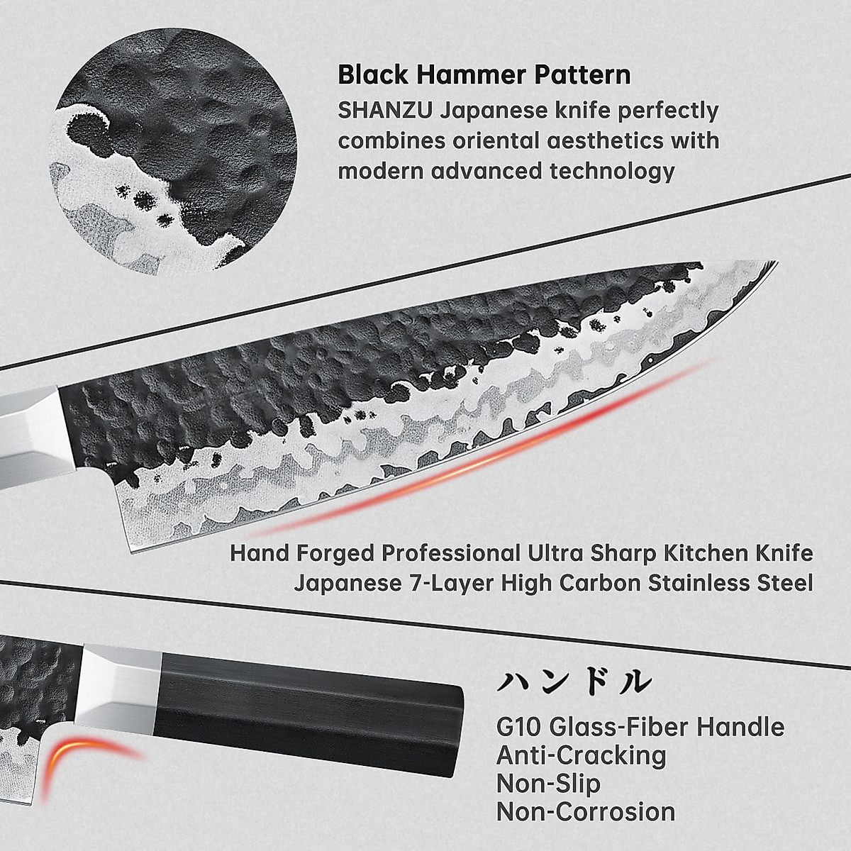 SHAN ZU 7-Piece Japanese Knife Set - 7 Layers 9Cr18MoV High Carbon Steel Kitchen Knife Set with Block and Sharpener,Ultra-Sharp Chef Knife Set with G10 Handle