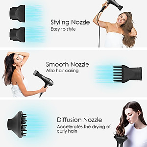 Ionic Salon Hair Dryer, Professional Blow Dryer AC Motor Fast Drying with 2 Speed, 3 Heat Setting, Cool Button, with Diffuser, Nozzle, Concentrator Comb for Curly & Straight Hair-Blue