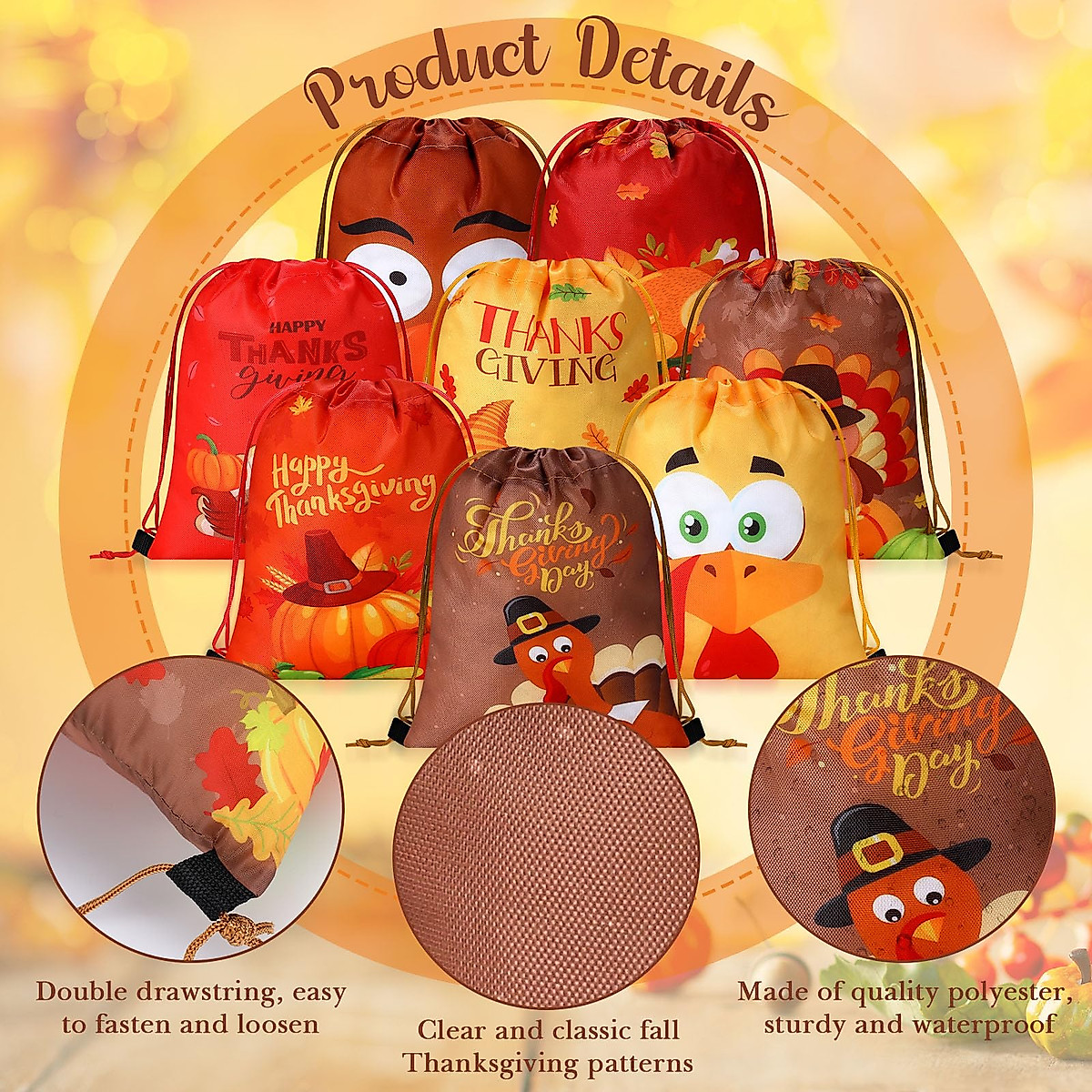 Paterr 16 Pcs Fall Favor Bags Bulk Thanksgiving Drawstring Bags Maple Leaf Carnival Candy Bags Pumpkin Gift Bags Autumn Goodie Treat Bags for Classroom Harvest Fall Birthday Party Decor,10 x 12 Inch