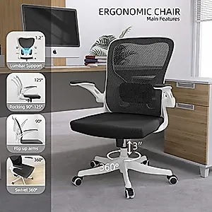 Monhey Office Chair - Ergonomic Office Chair with Lumbar Support & Flip Up Arms Home Office Desk Chairs Rockable High Back Swivel Computer Chair White Frame & Black Mesh Study Chair